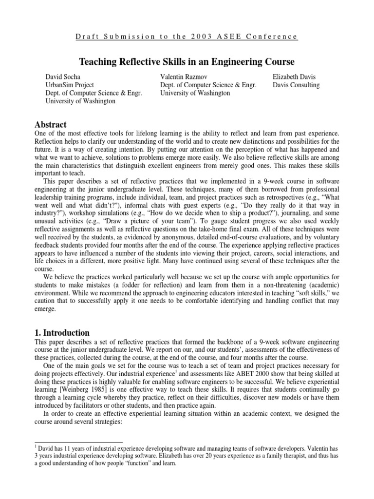 Teaching Reflective Skills in An Engineering Course | PDF | Reflective ...