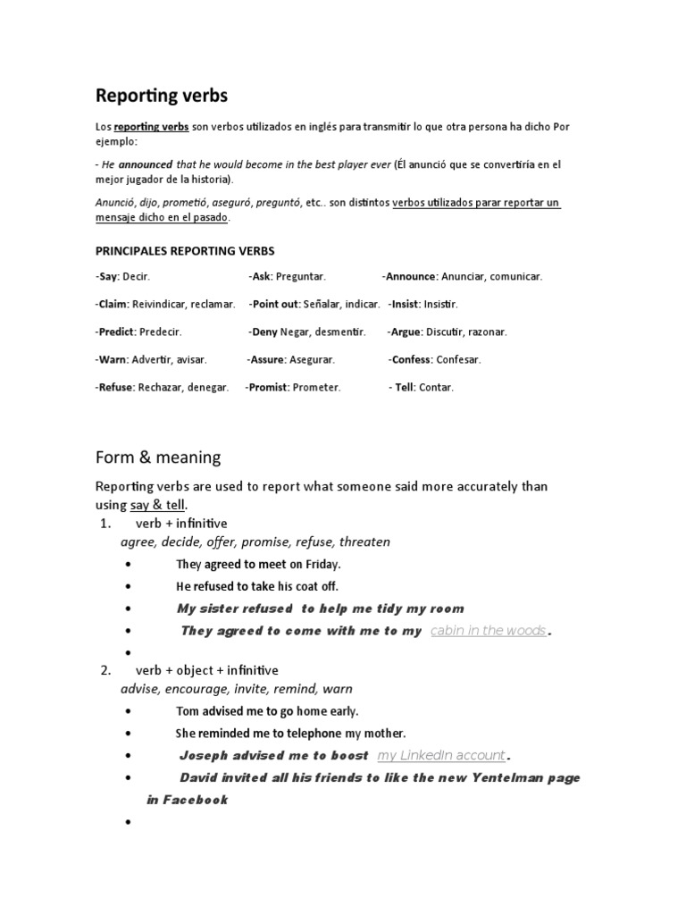 Reporting Verbs: Form & Meaning | Download Free PDF | Linguistic ...