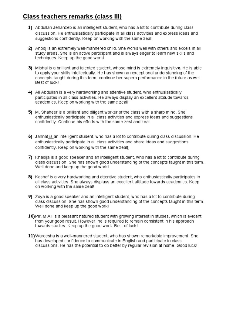 Class Teacher Remarks Term-I 2019 Class III | PDF | Narrative | Vocabulary