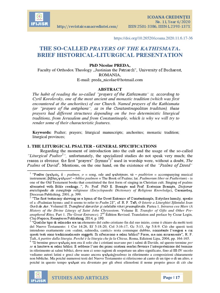 The So-Called Prayers of The Kathismata. Brief Historical-Liturgical ...