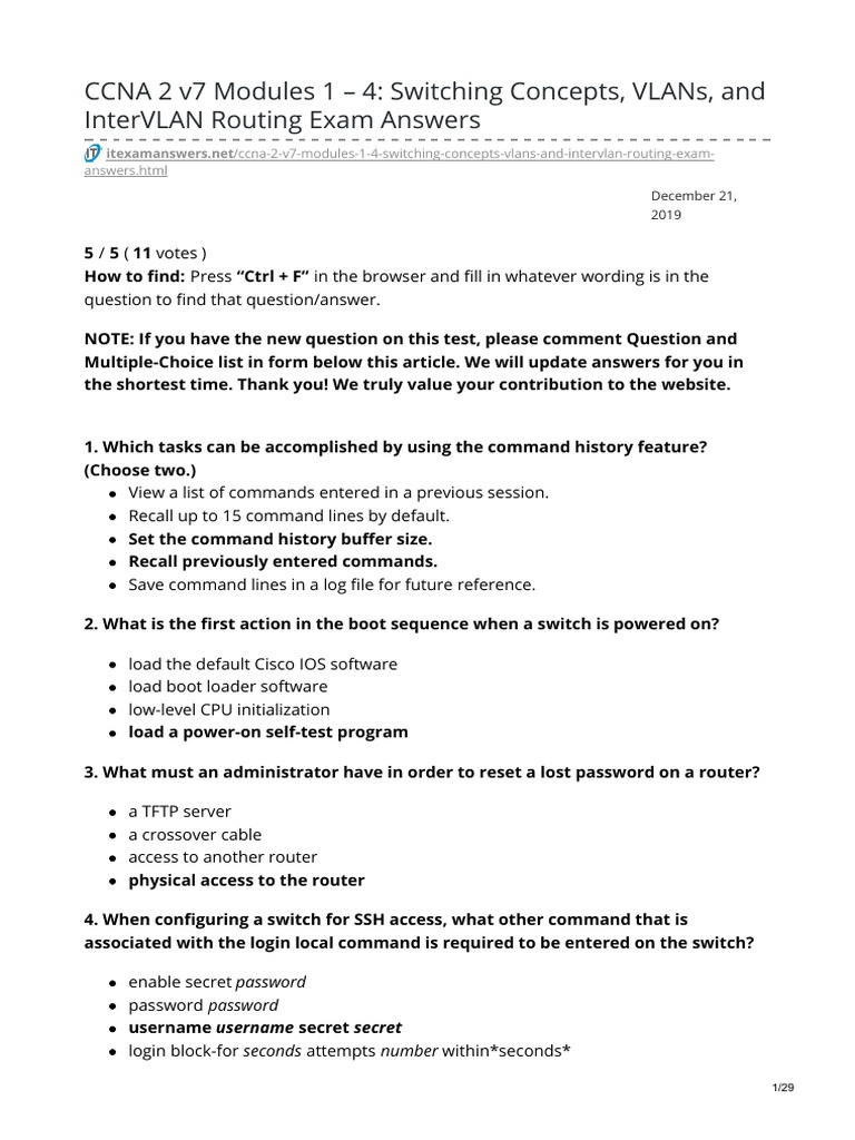 Ccna 2 V7 Modules 1 - 4: Switching Concepts, Vlans, and Intervlan Routing Exam Answers | PDF ...