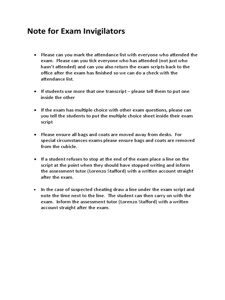Note For Exam Invigilators | PDF