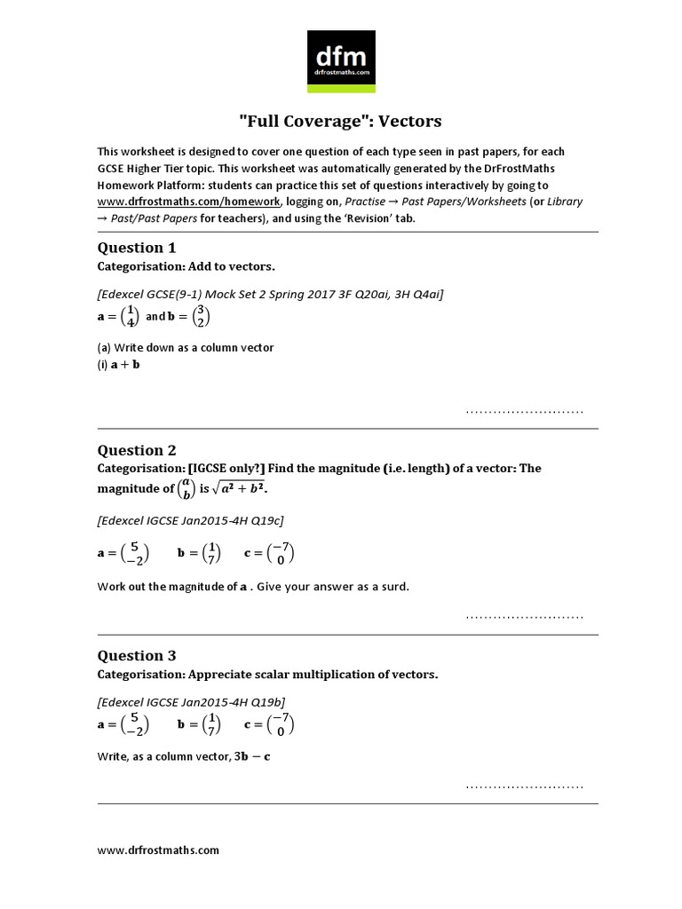 "Full Coverage": Vectors: (Edexcel GCSE (9-1) Mock Set 2 Spring 2017 3F Q20ai, 3H Q4ai) | PDF ...