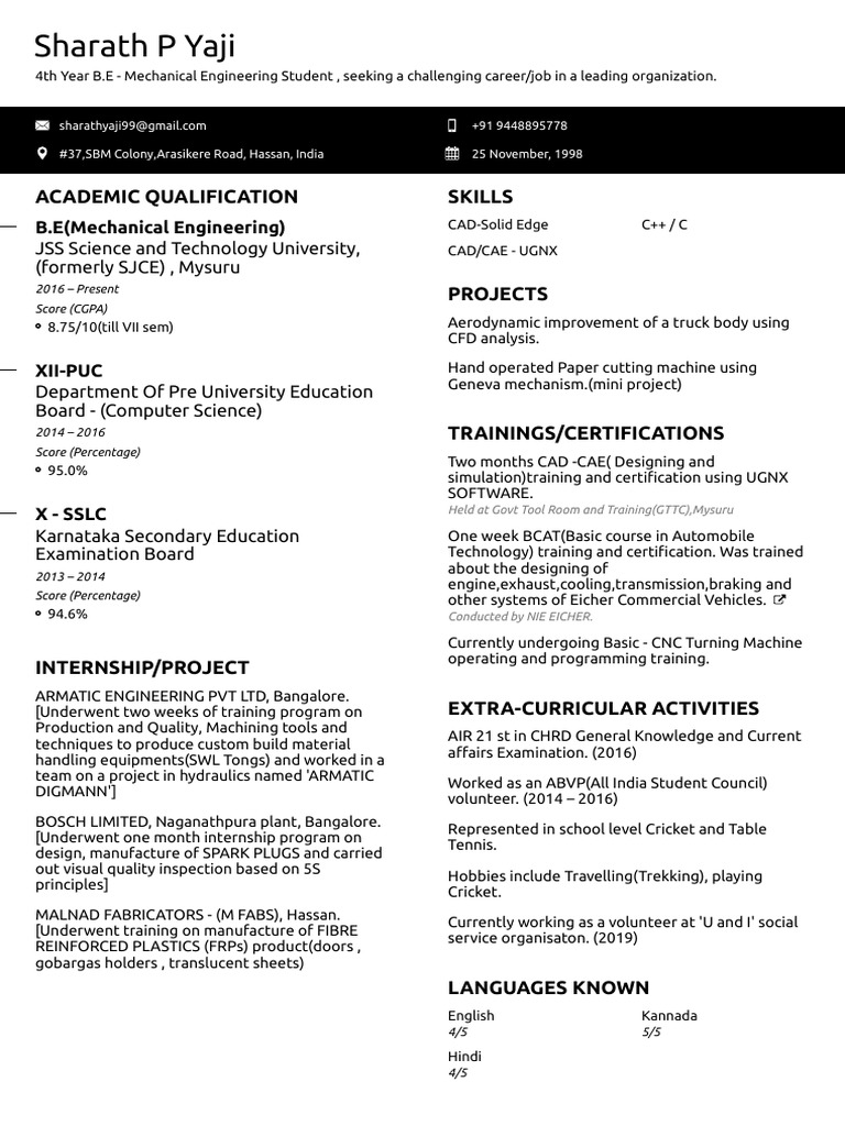 Sharath S Resume Pdf Pdf Mechanical Engineering Engineering