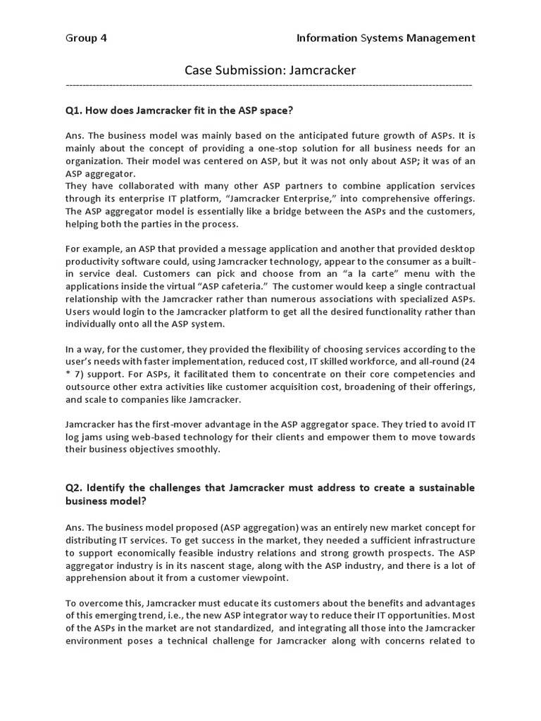 Group 4 - Case Submission Jamcracker PDF | PDF | Business Model | Application Software