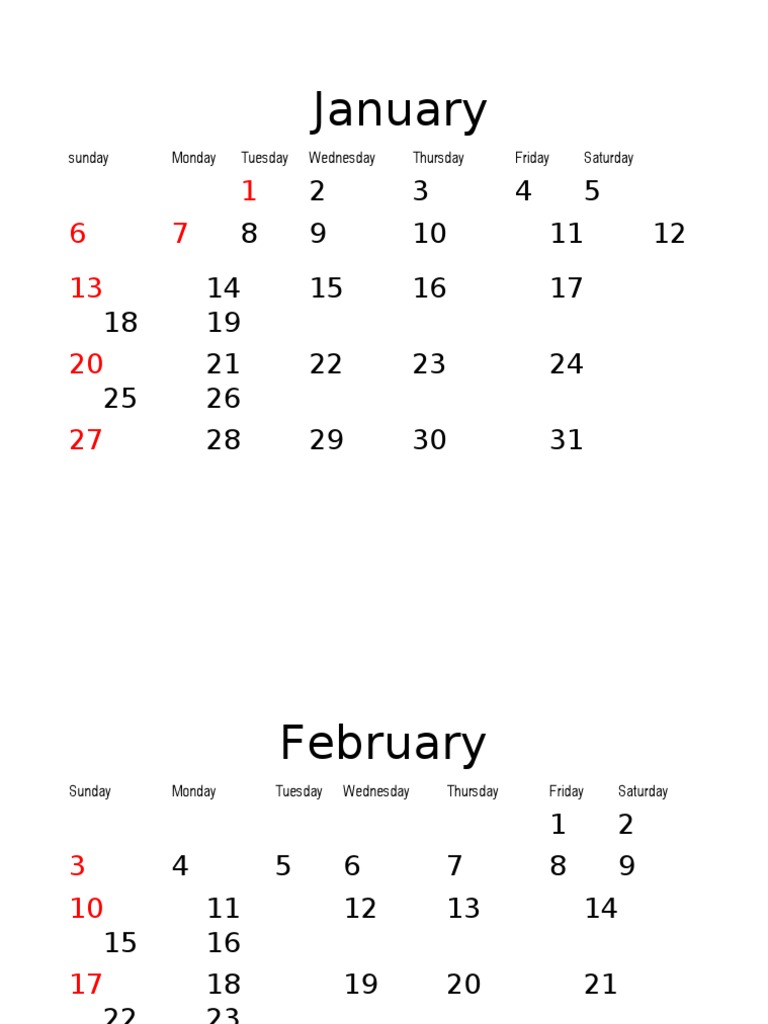 January: Sunday Monday Tuesday Wednesday Thursday Friday Saturday | PDF