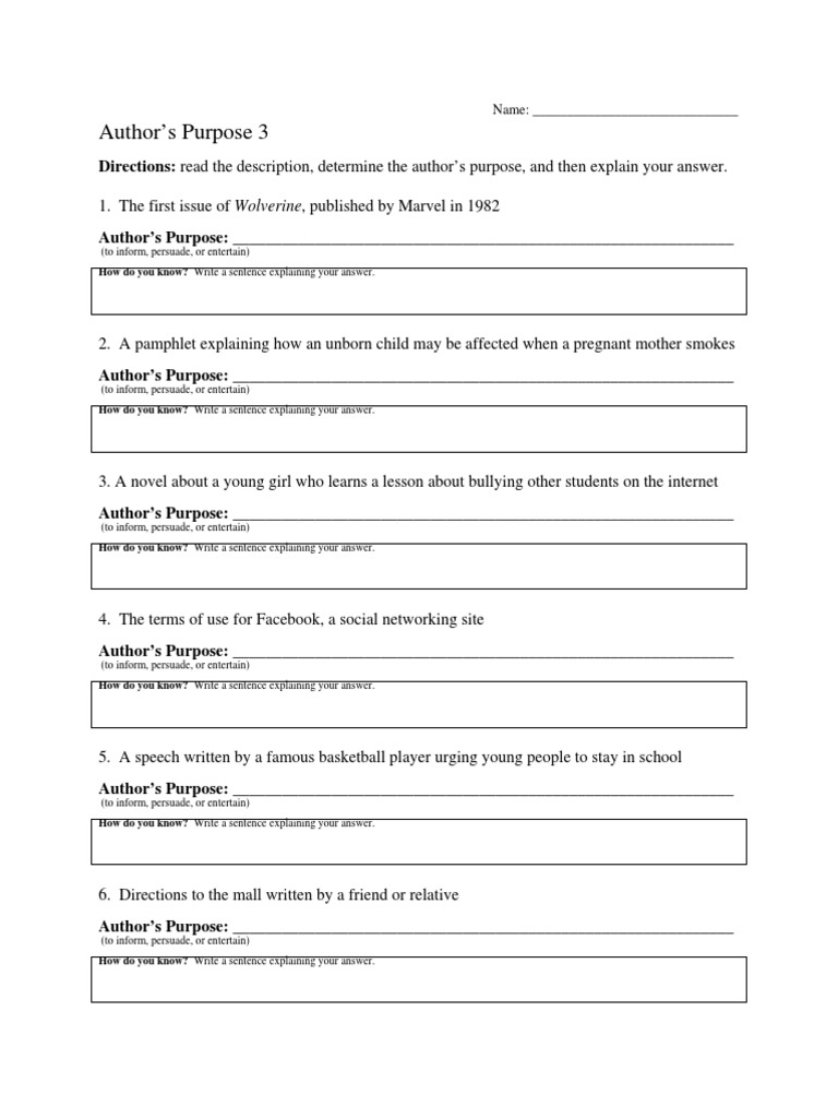 Authors Purpose Worksheet 3 | PDF