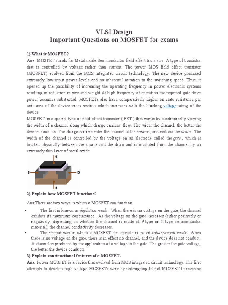VLSI Design Important Questions On MOSFET For Exams: Voltage | PDF ...