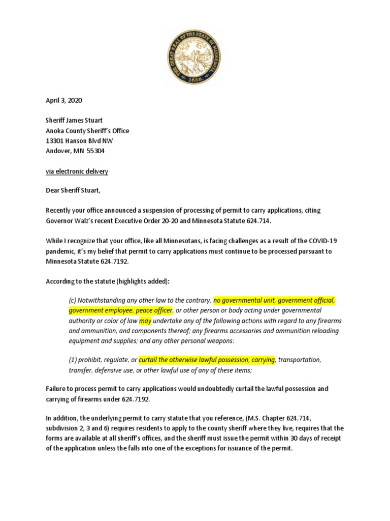 Anoka County Permit To Carry Letter | PDF | The United States | Virtue