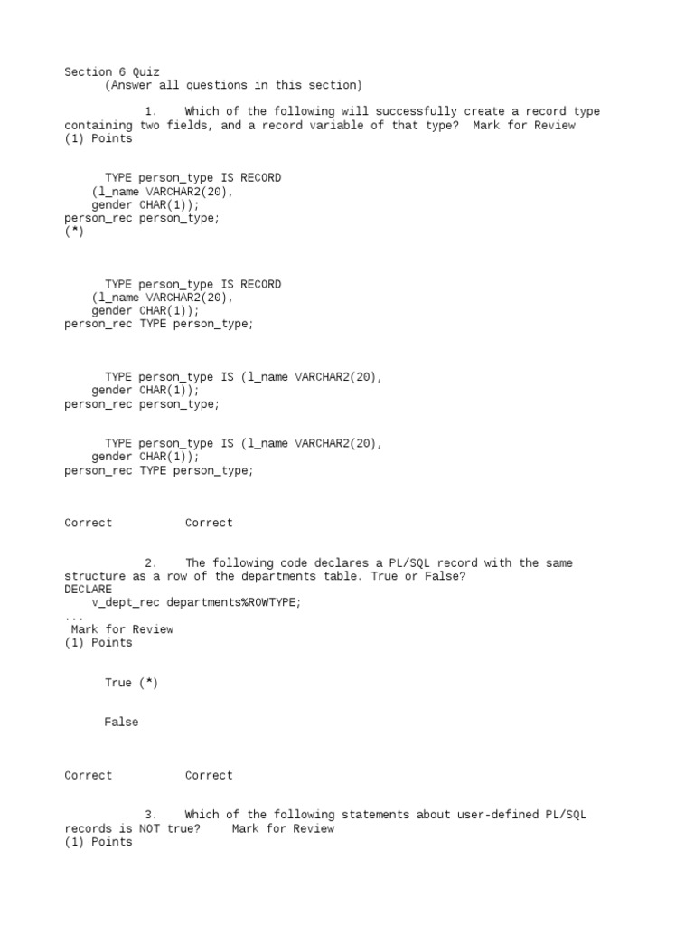 Quiz 6 PL - SQL | Download Free PDF | Pl/Sql | Database Index