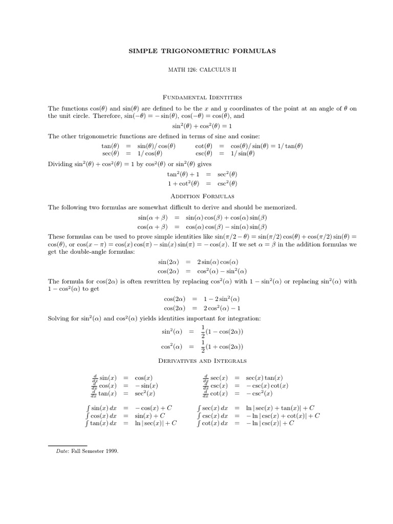 Simple Trig Formulas | PDF | Sine | Trigonometric Functions
