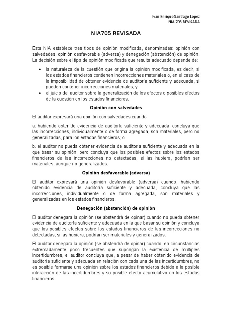 Nia 705 Revisada | PDF | Auditoría | Contralor