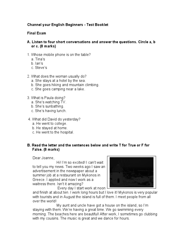 English Beginners Final Exam Review | PDF