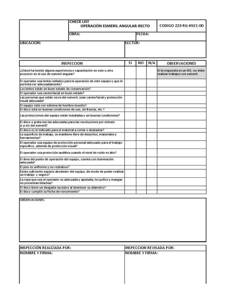 Checklist Esmeril Angular Recto-00 | PDF