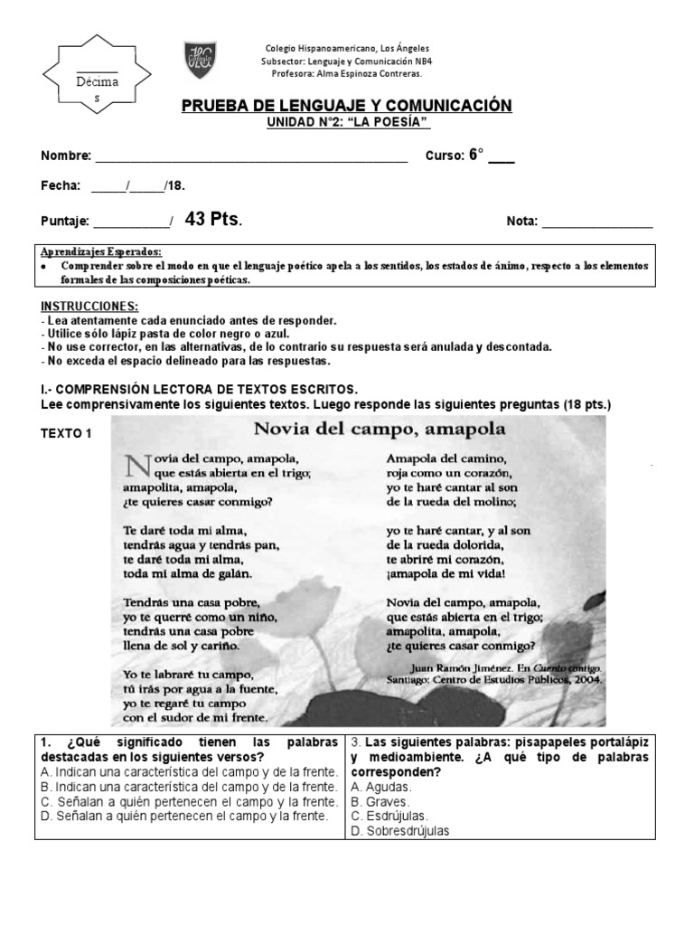 Prueba 6, Unidad 2 La Poesia | PDF | Rima | Poesía