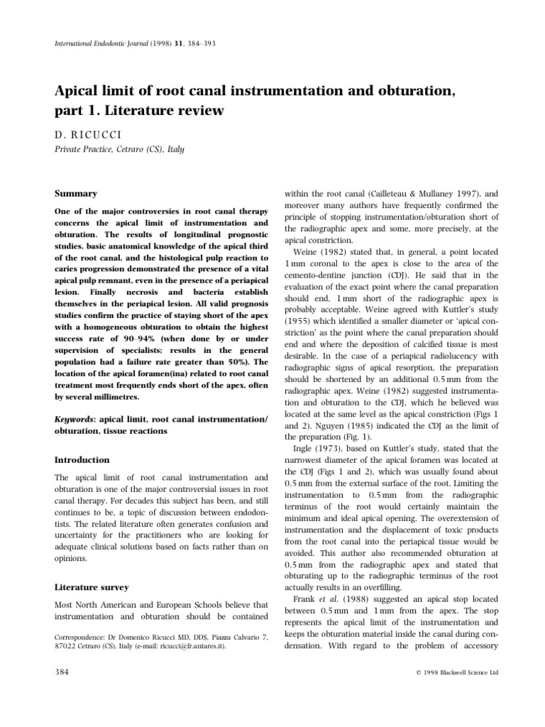 Apical Limit of Root Canal Instrumentation and Obturation, P | PDF | Dentistry Branches | Medicine