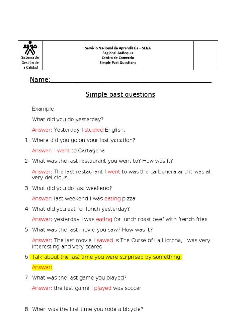 Name: - Simple Past Questions | PDF