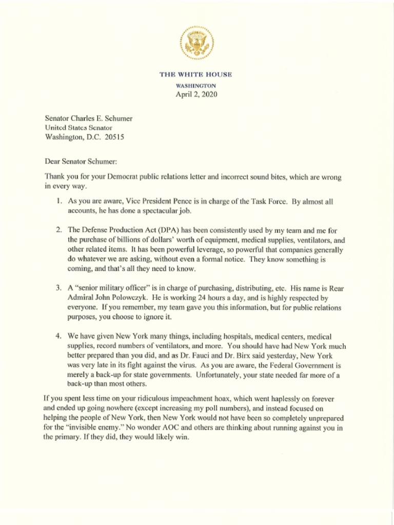 Trump Letter To Schumer | PDF
