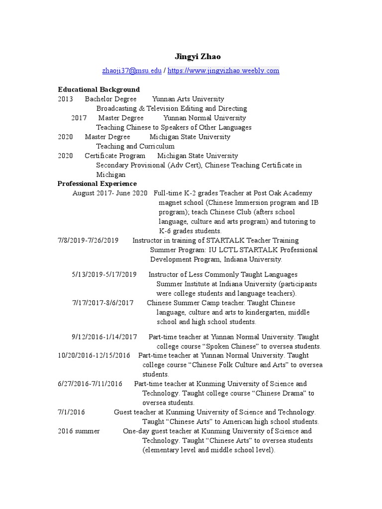Resume Jingyi Zhao | PDF | Schools | College