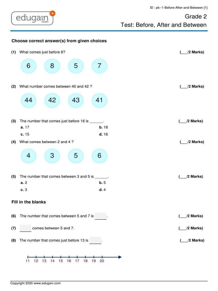 Grade 2 Test: Before, After and Between: Choose Correct Answer(s) From ...