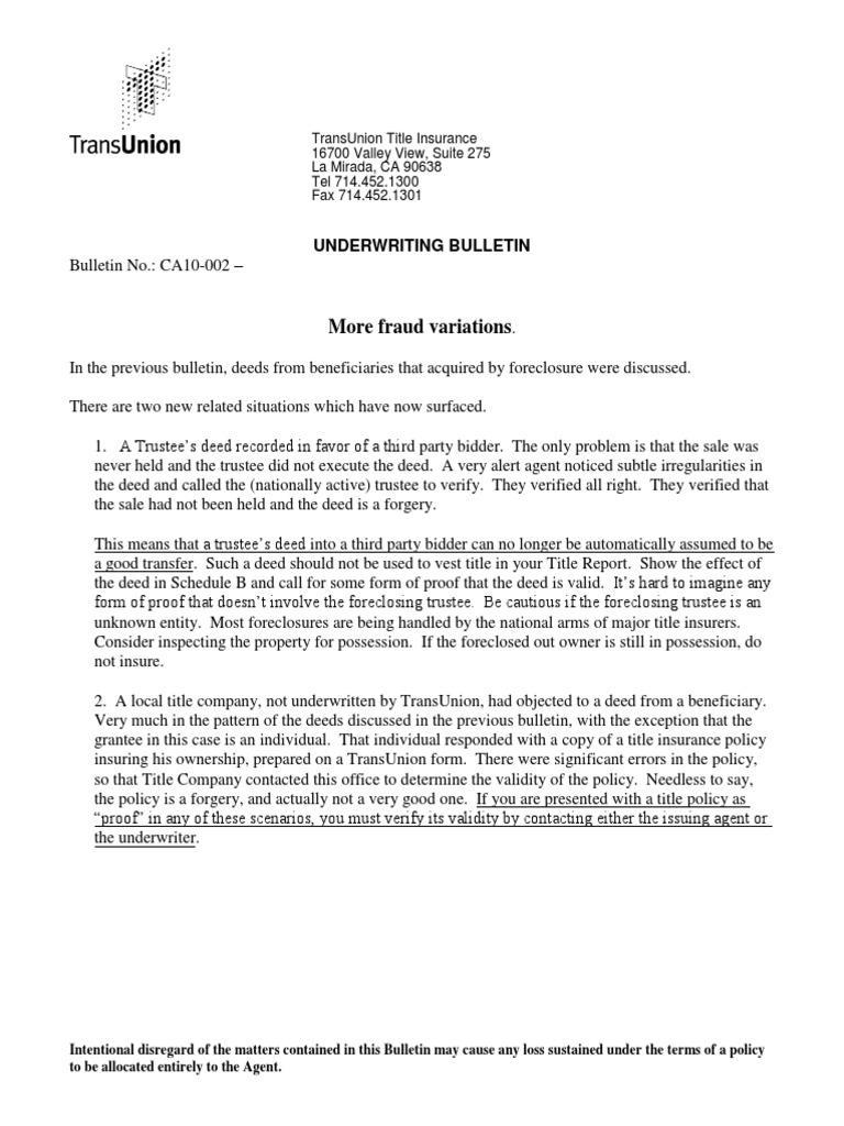 Trans Union Fraud Deeds Memo | PDF | Foreclosure | Deed
