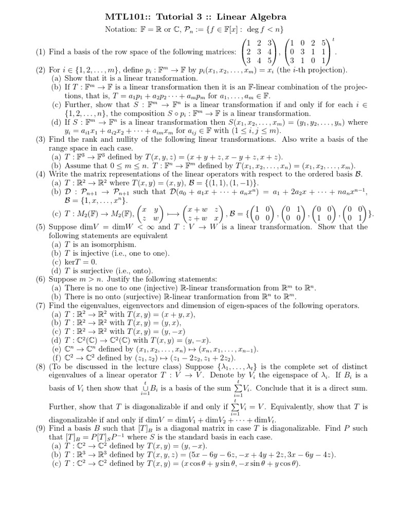 MTL101:: Tutorial 3:: Linear Algebra | PDF | Linear Map | Eigenvalues And Eigenvectors