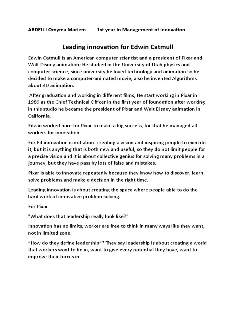 Edwin Catmull's Leadership of Innovation at Pixar | PDF | Pixar | Animation