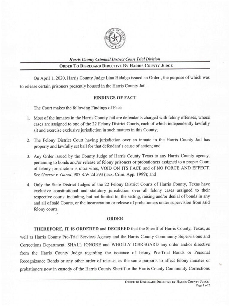 Order to Disregard Directive by Harris County Judge | Probation | Felony