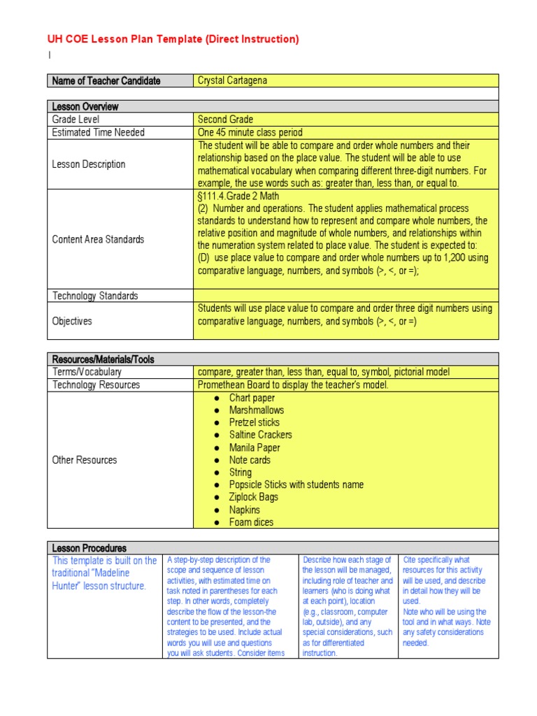 UH COE Lesson Plan Template (Direct Instruction) | PDF | Lesson Plan ...
