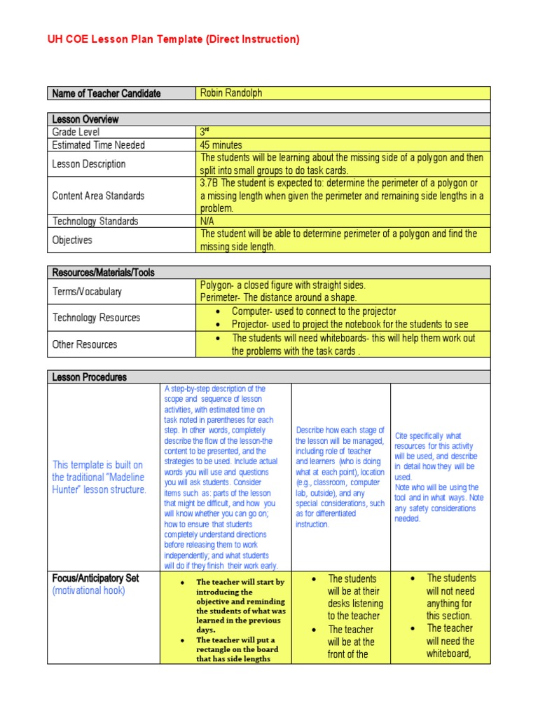 UH COE Lesson Plan Template (Direct Instruction) | PDF | Lesson Plan ...