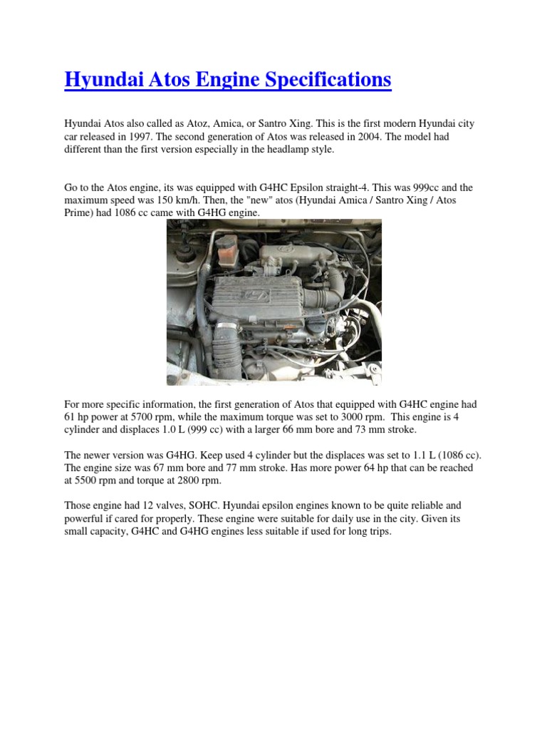 Hyundai Atos Engine Specifications | PDF