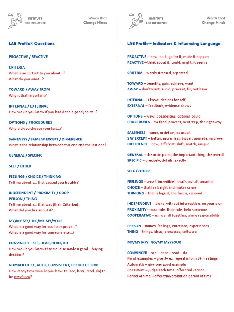LAB Profile Cheat Sheet | PDF | Feeling | Neuroscience