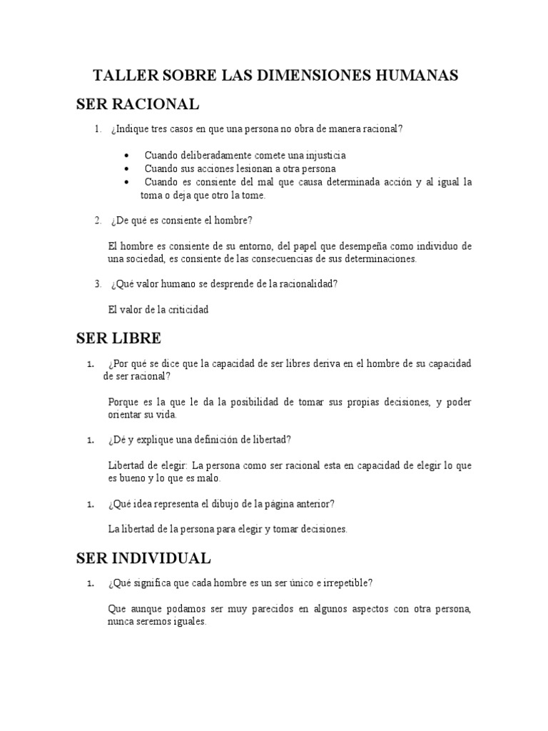 Taller Sobre Las Dimensiones Humanas Completa Respuesta | PDF | Racionalidad | La sexualidad humana