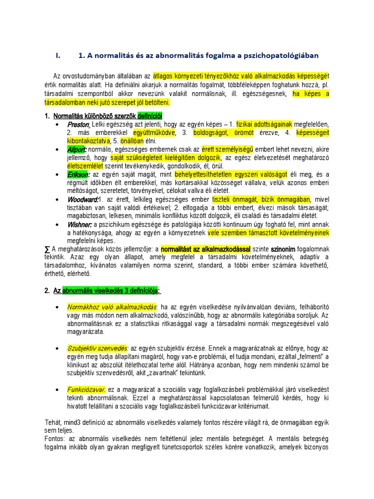 I.1. A Normalitás, Abnormalitás Fogalma | PDF