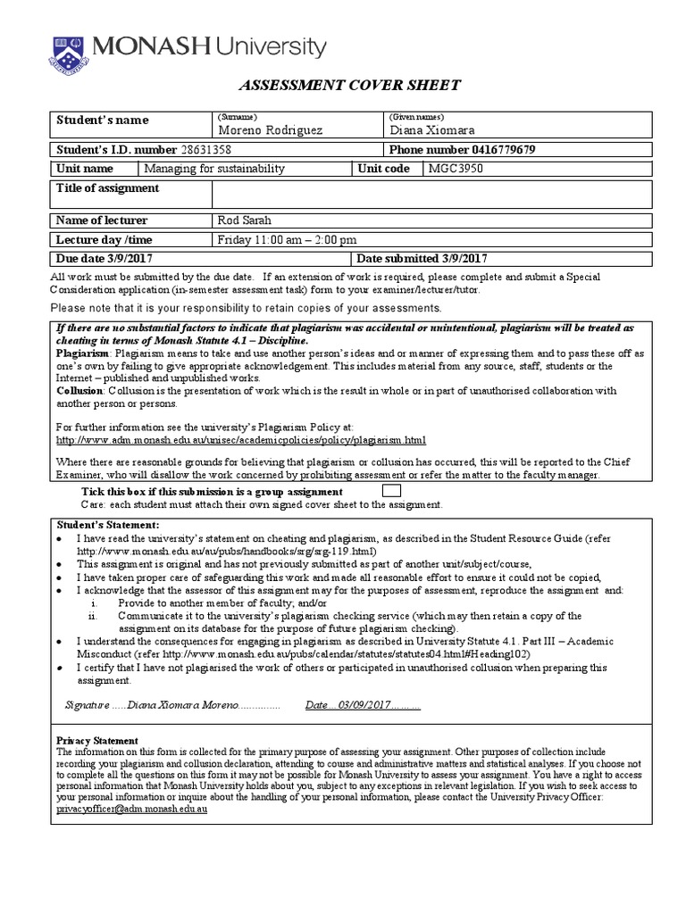 Assignment Cover Sheet | PDF | Plagiarism | Applied Ethics