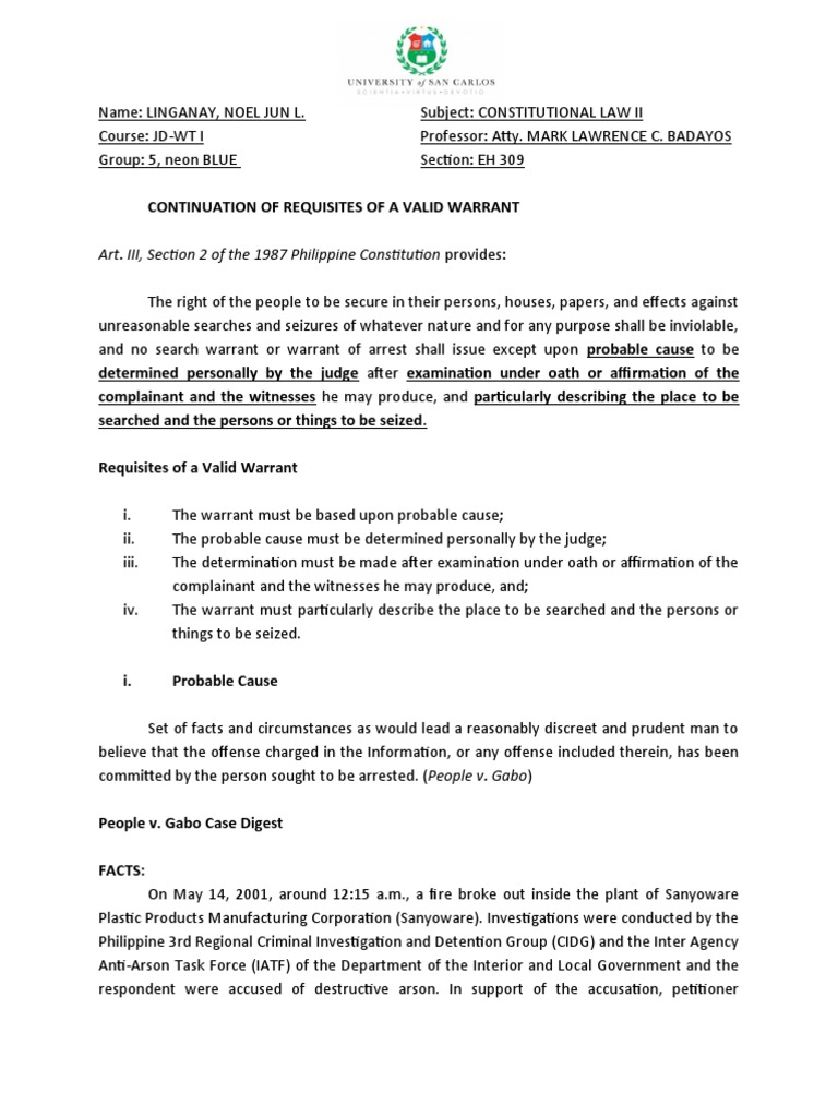 Analysis of the Requisites of a Valid Warrant Based on the Case of ...