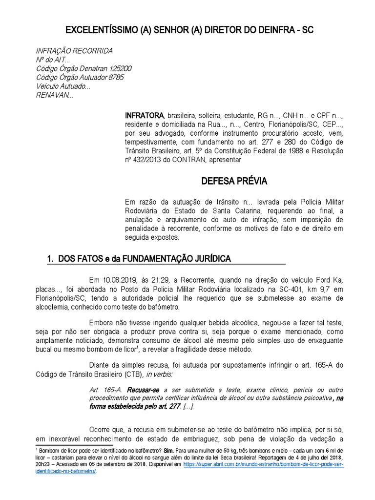 Modelo Defesa Recurso Contra Multa Por Recusa Ao Teste Do Bafômetro ... Modelo Defesa Recurso Contra Multa Por Recusa Ao Teste Do Bafômetro ...