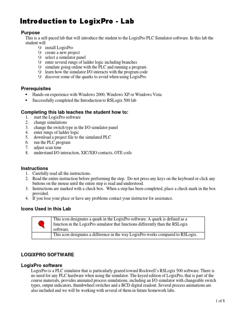 Introduction To Logixpro Lab Purpose Pdf Programmable Logic Controller Switch