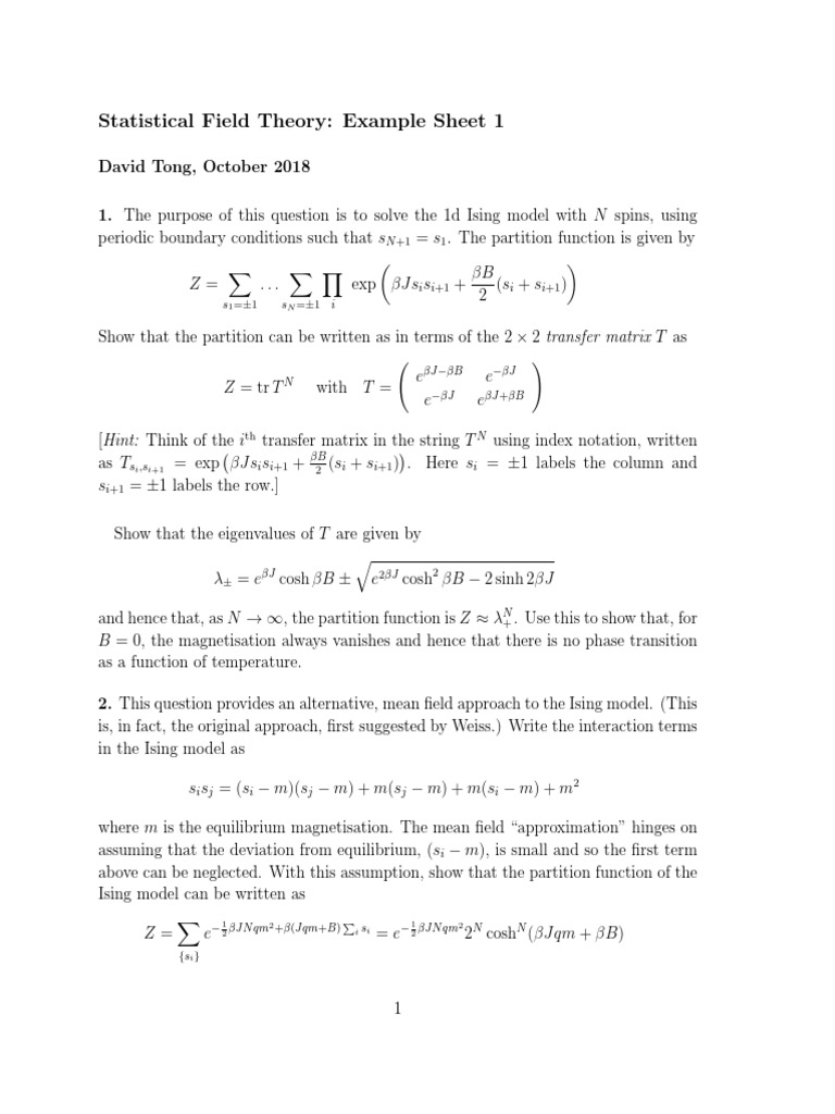 1D Ising Model & Mean Field Theory | PDF | Phase Transition | Applied ...