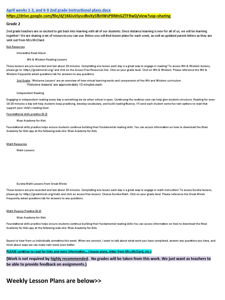 April Weeks 1-3 and 6-9 2nd Grade Instructional Plans 1 | PDF | Lesson ...