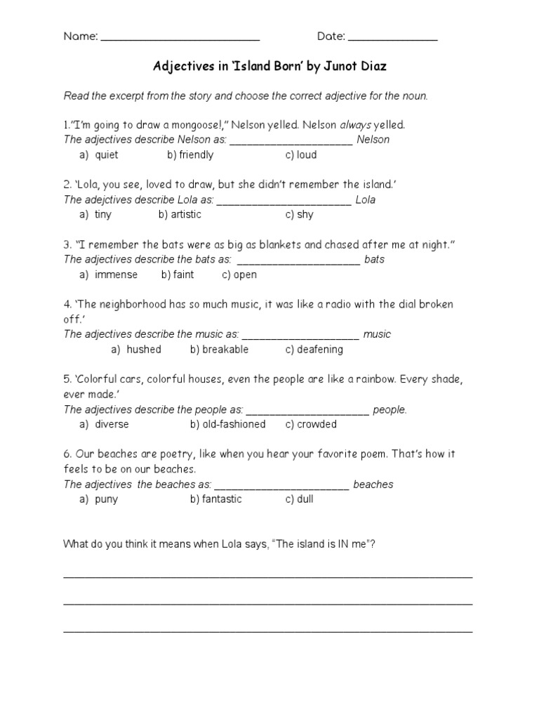 Island Born 3rd Grade Adjective Worksheet | PDF