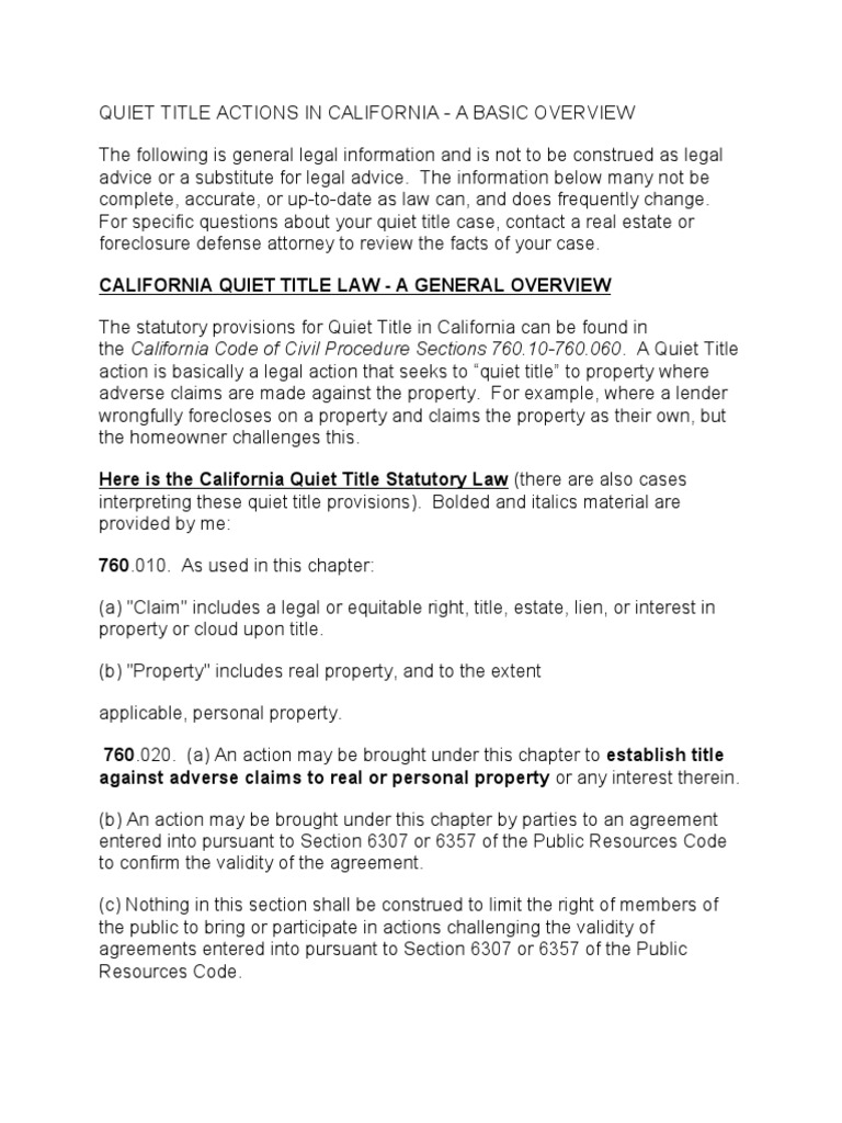 Quiet Title Actions in California | PDF | Lawsuit | Burden Of Proof (Law)