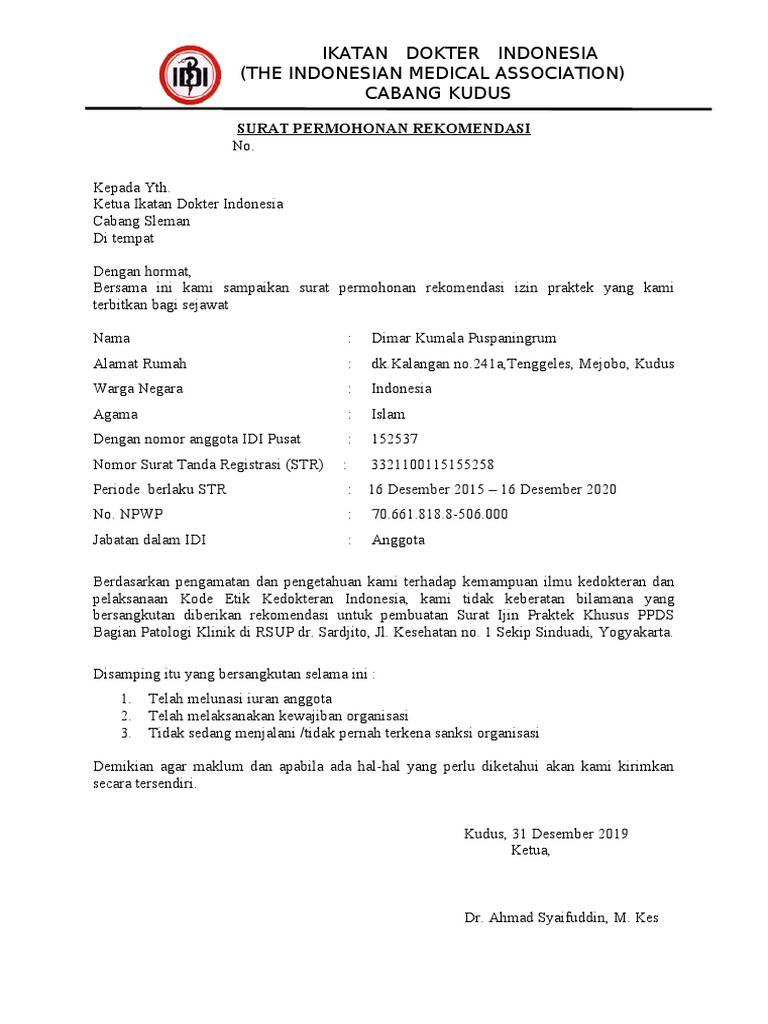 Contoh Form Surat Rekomendasi IDI Kudus Ke IDI Sleman - Dimar | PDF