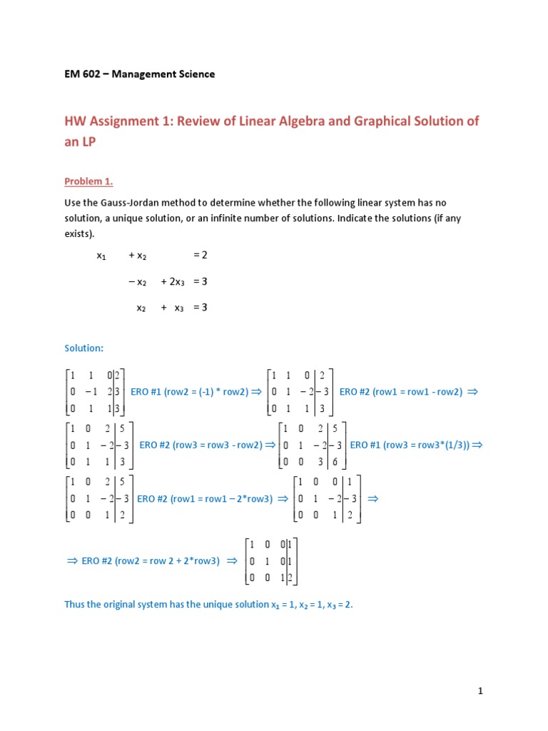 HW Assignment 1: Review of Linear Algebra and Graphical Solution of An ...