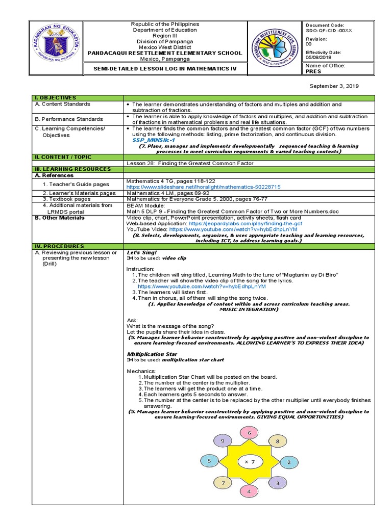 SEMI-DETAILED LESSON LOG IN MATHEMATICS 4 For CLASSROOM OBSERVATION ...