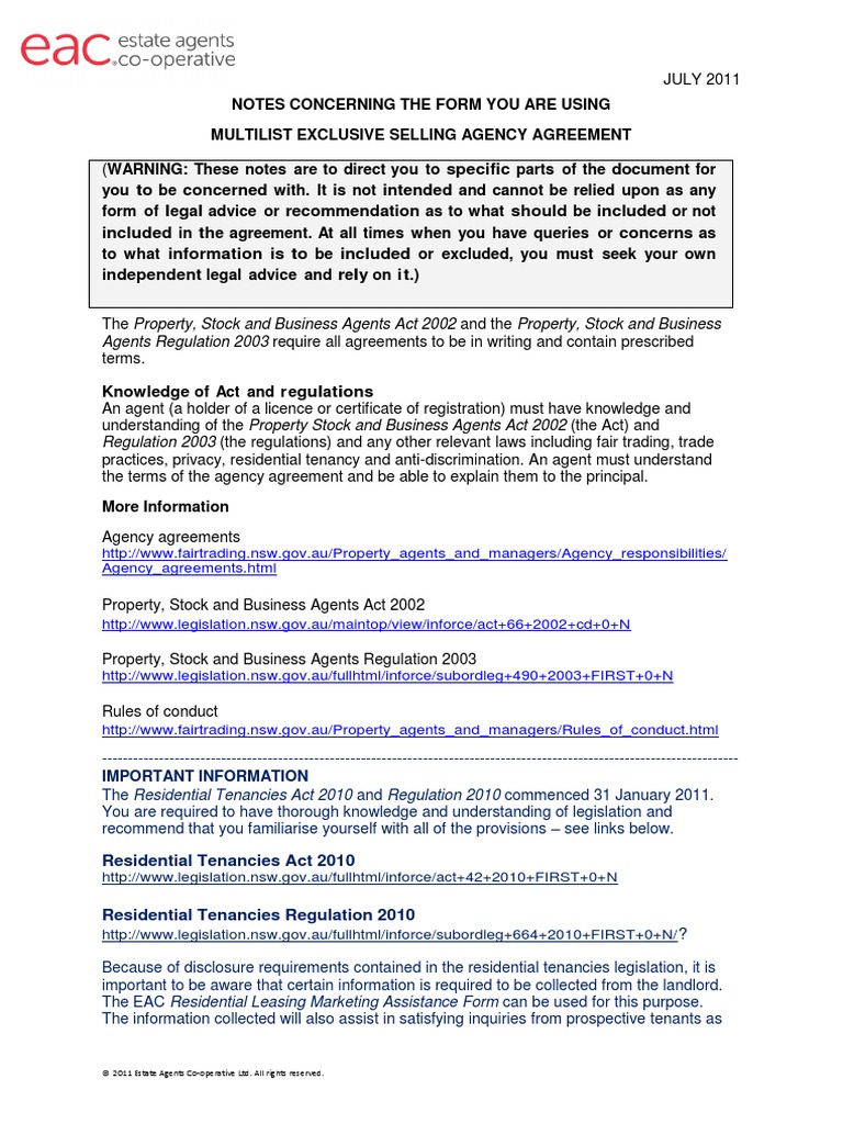 EAC001 EAC Multilist Exclusive Selling Agency Agreement Notes | PDF ...