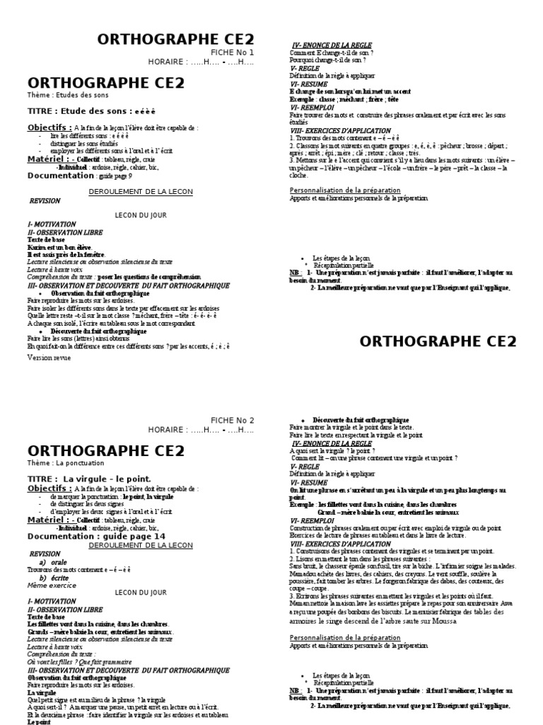 Fiches d'orthographe CE2 à imprimer | PDF | Orthographie | Ponctuation