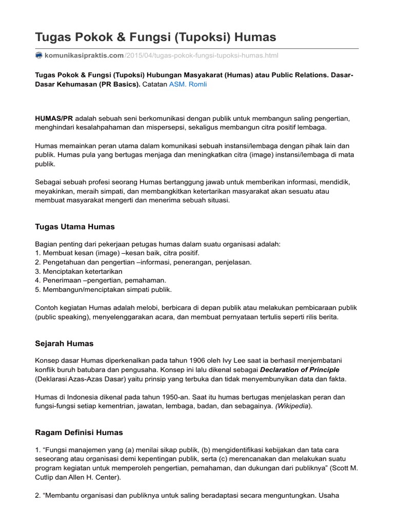 Tugas Pokok Fungsi Tupoksi Humas PDF | PDF