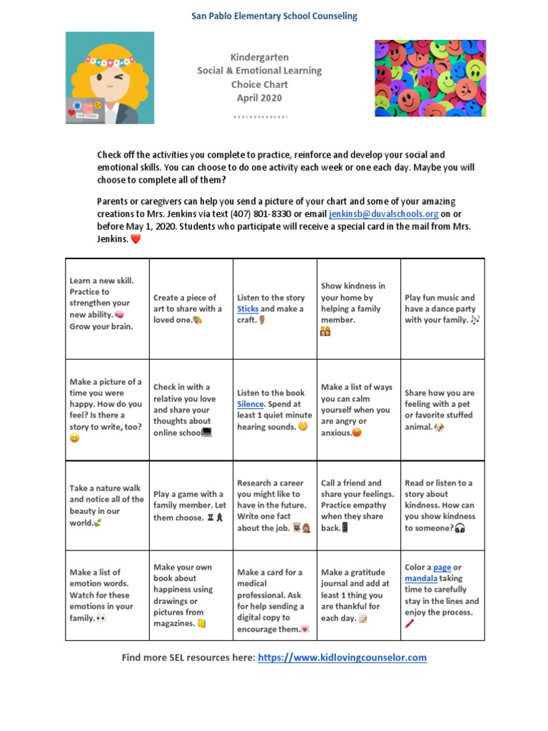 Kindergarten Social & Emotional Learning Choice Chart April 2020 | PDF ...