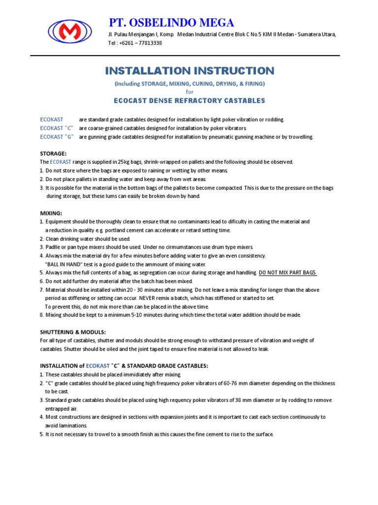 Castables Instalation Method | PDF | Refractory | Insulator (Electricity)